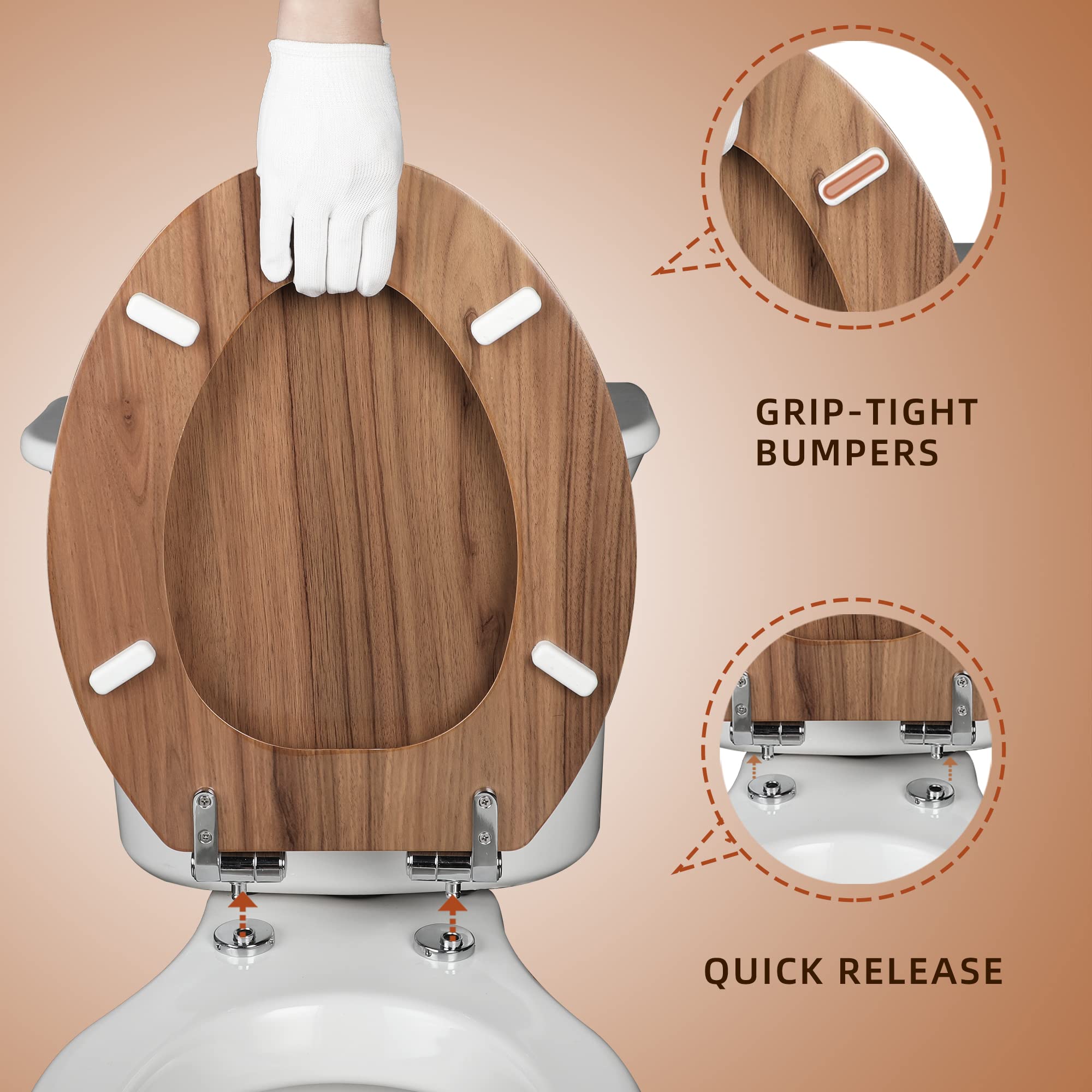 Elongated Toilet Seat Molded Wood Toilet Seat with Quietly Close and Quick Release Hinges, Easy to Install also Easy to Clean by Angol Shiold (Elongated, Natural)