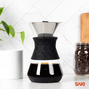 SAKI Pour Over Coffee Maker with Double Layer Stainless Steel Filter, Silicone Lid, Coffee Dripper Brewer, Heat Resistant Borosilicate Pour Over Carafe, 24 Ounce