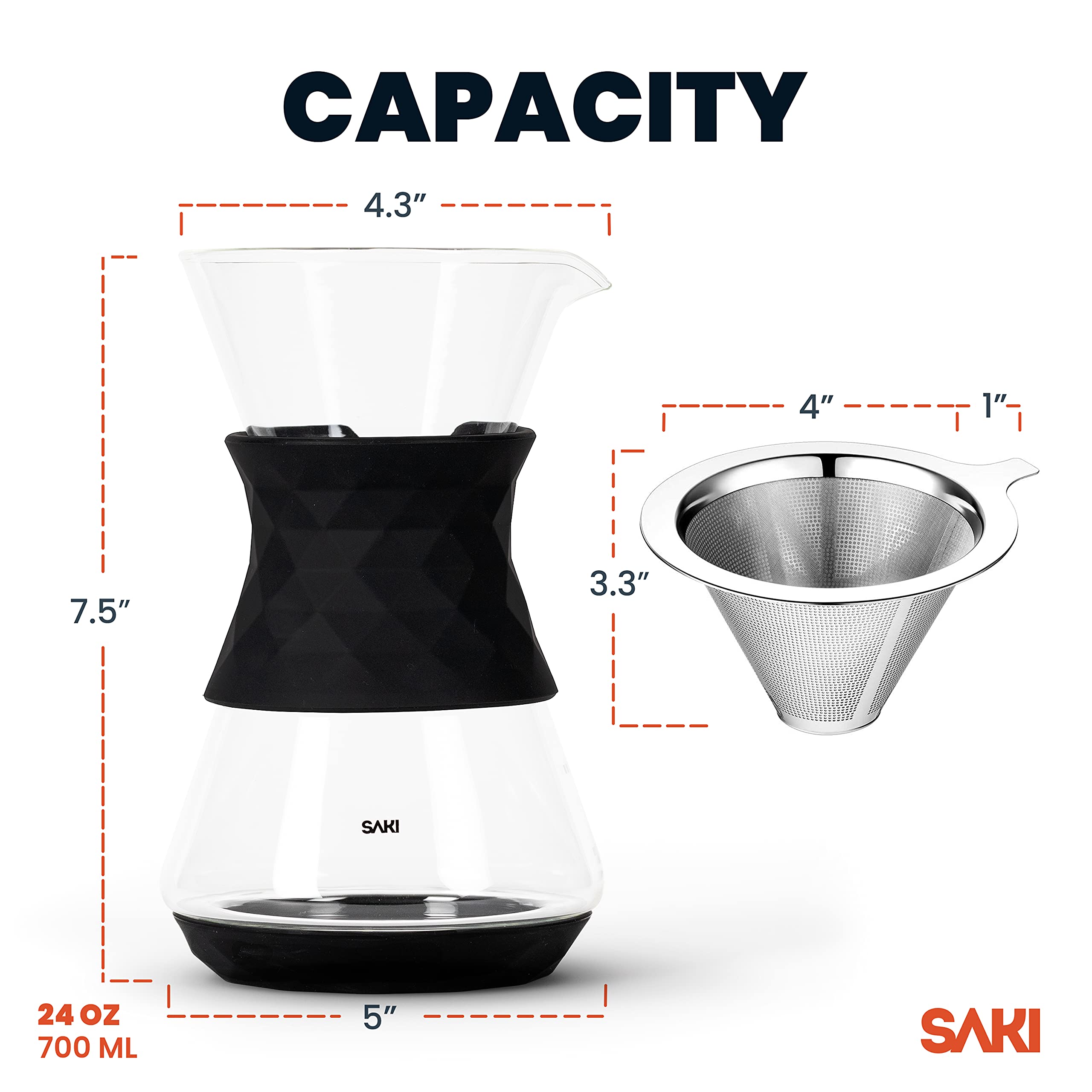 SAKI Pour Over Coffee Maker with Double Layer Stainless Steel Filter, Silicone Lid, Coffee Dripper Brewer, Heat Resistant Borosilicate Pour Over Carafe, 24 Ounce