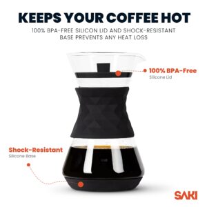 SAKI Pour Over Coffee Maker with Double Layer Stainless Steel Filter, Silicone Lid, Coffee Dripper Brewer, Heat Resistant Borosilicate Pour Over Carafe, 24 Ounce