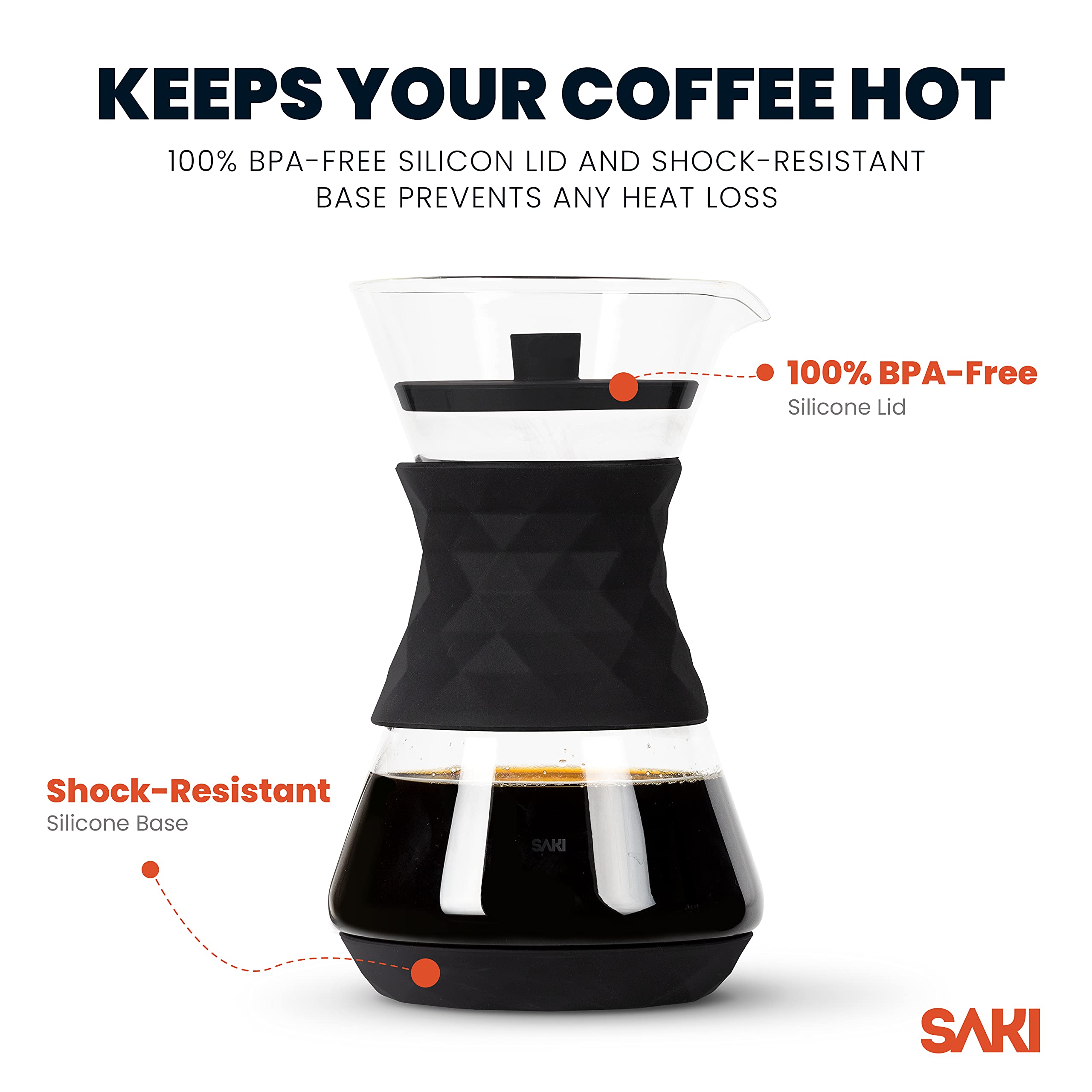 SAKI Pour Over Coffee Maker with Double Layer Stainless Steel Filter, Silicone Lid, Coffee Dripper Brewer, Heat Resistant Borosilicate Pour Over Carafe, 24 Ounce