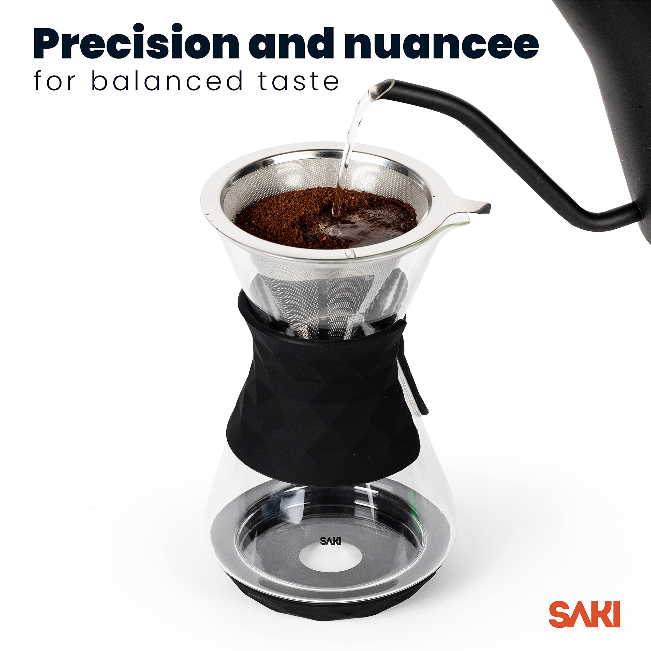 SAKI Pour Over Coffee Maker with Double Layer Stainless Steel Filter, Silicone Lid, Coffee Dripper Brewer, Heat Resistant Borosilicate Pour Over Carafe, 24 Ounce