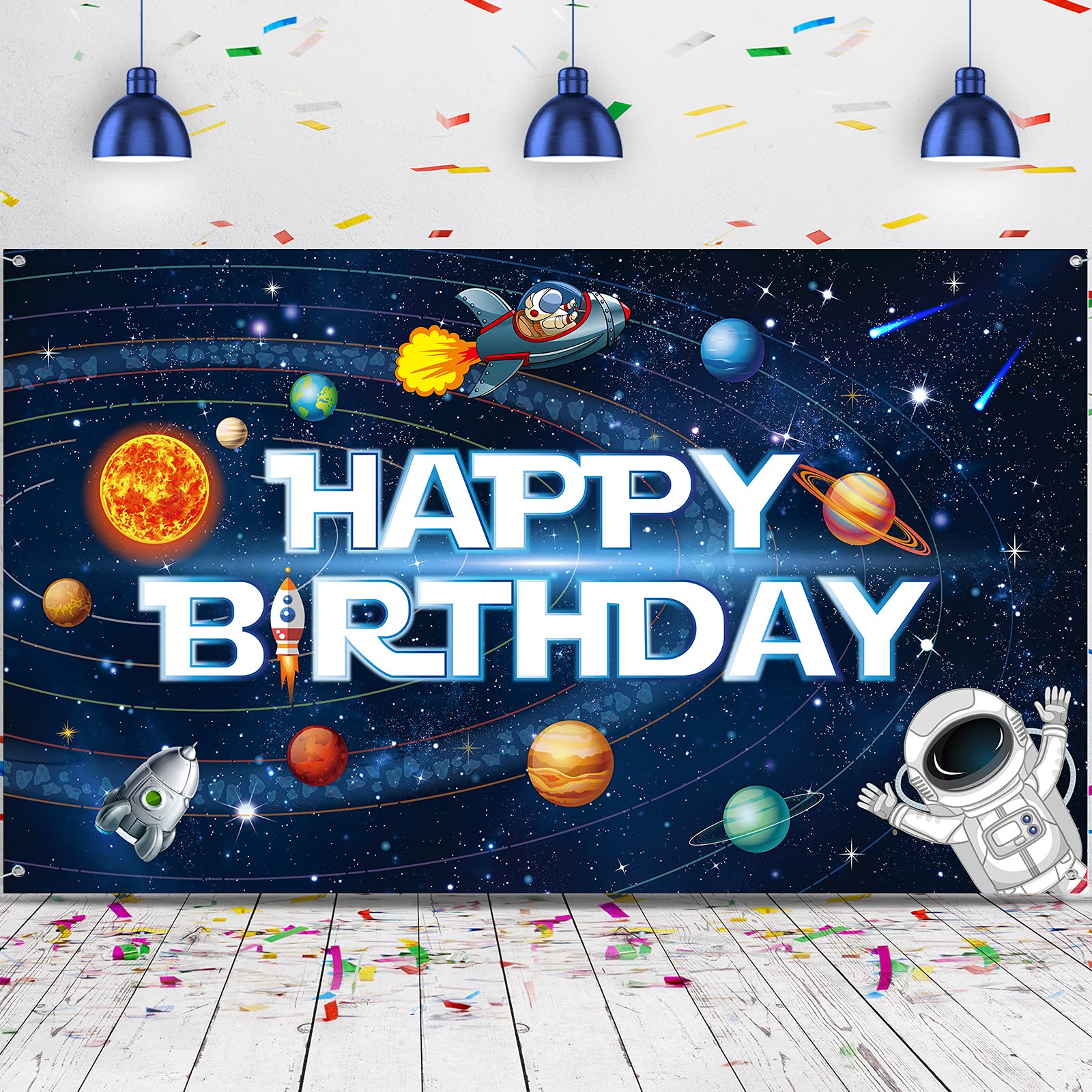 Outer Space Happy Birthday Decorations Solar System Banner Large Happy Birthday Outer Space Poster Background for Kids Boys Space Birthday Planets Party Educational Supplies, 72.8 x 43.3 Inches