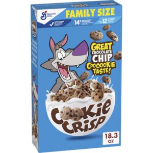 cookie crisp breakfast cereal, chocolate chip cookie taste, made with whole grain, family size, 18.3 oz