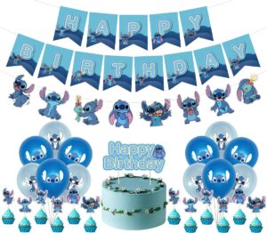 lilo birthday party decoration, stitch birthday banner cake toppers balloons,stitch theme birthday party decorations