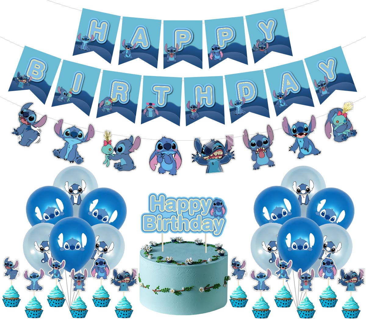 Lilo Birthday Party Decoration, Stitch Birthday Banner Cake Toppers Balloons,Stitch Theme Birthday Party Decorations