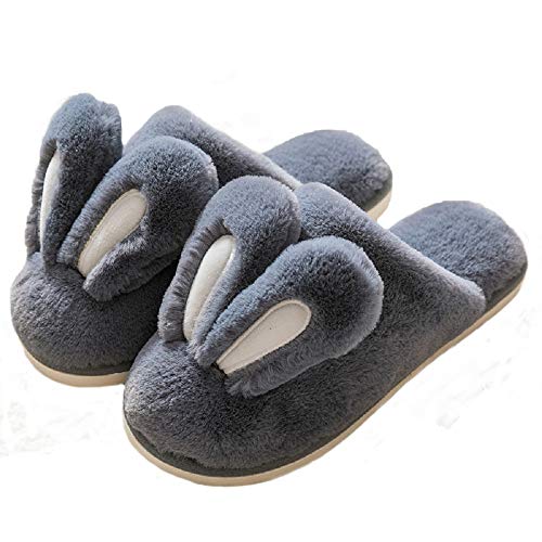 YUCHE Rabbit ear cotton slippers winter slippers men's women's plush slippers warm home non-slip slippers (XL, Navy blue, 11)