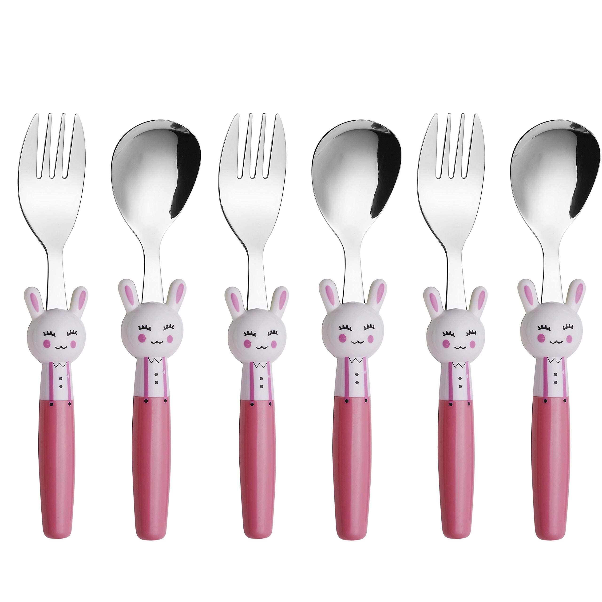 ANNOVA Kids Silverware 6 Pieces Set Children's Flatware - Stainless Steel Cutlery - 3 x Safe Forks, 3 x Dinner Spoons - Safe Toddler Utensils Without Knives for Lunch Box BPA Free (Rabbit x 6 PCS)