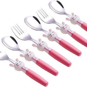 ANNOVA Kids Silverware 6 Pieces Set Children's Flatware - Stainless Steel Cutlery - 3 x Safe Forks, 3 x Dinner Spoons - Safe Toddler Utensils Without Knives for Lunch Box BPA Free (Rabbit x 6 PCS)