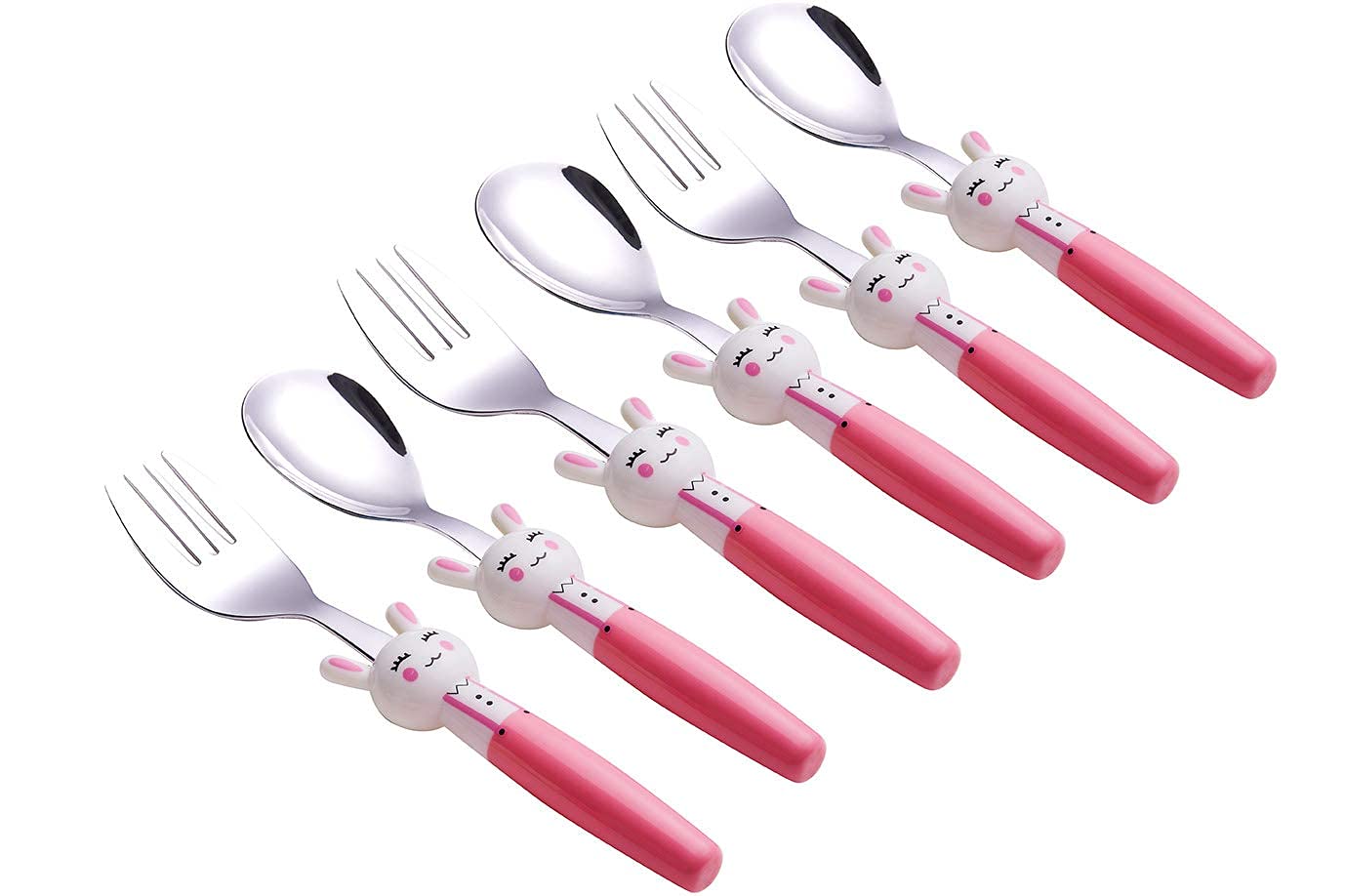 ANNOVA Kids Silverware 6 Pieces Set Children's Flatware - Stainless Steel Cutlery - 3 x Safe Forks, 3 x Dinner Spoons - Safe Toddler Utensils Without Knives for Lunch Box BPA Free (Rabbit x 6 PCS)