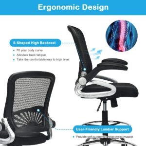 POWERSTONE Drafting Chair, Tall Office Chair for Standing Desk with Footrest and Flip-Up Armrests Ergonomic Adjustable Height Stool Computer Chair