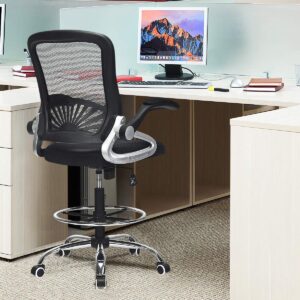 POWERSTONE Drafting Chair, Tall Office Chair for Standing Desk with Footrest and Flip-Up Armrests Ergonomic Adjustable Height Stool Computer Chair