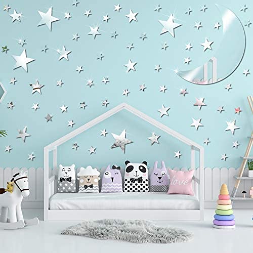 Zonon 61 Pieces Acrylic Star Mirror Wall Stickers Moon Stars Wall Decal Silver Mirror Sticker Decors Removable Star Mirror Stickers for Kids Boy Girls Baby Room Good Night House Nursery Home Bedroom