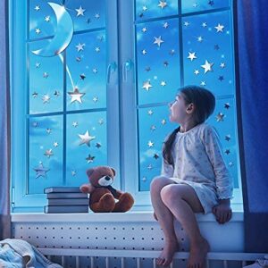 Zonon 61 Pieces Acrylic Star Mirror Wall Stickers Moon Stars Wall Decal Silver Mirror Sticker Decors Removable Star Mirror Stickers for Kids Boy Girls Baby Room Good Night House Nursery Home Bedroom