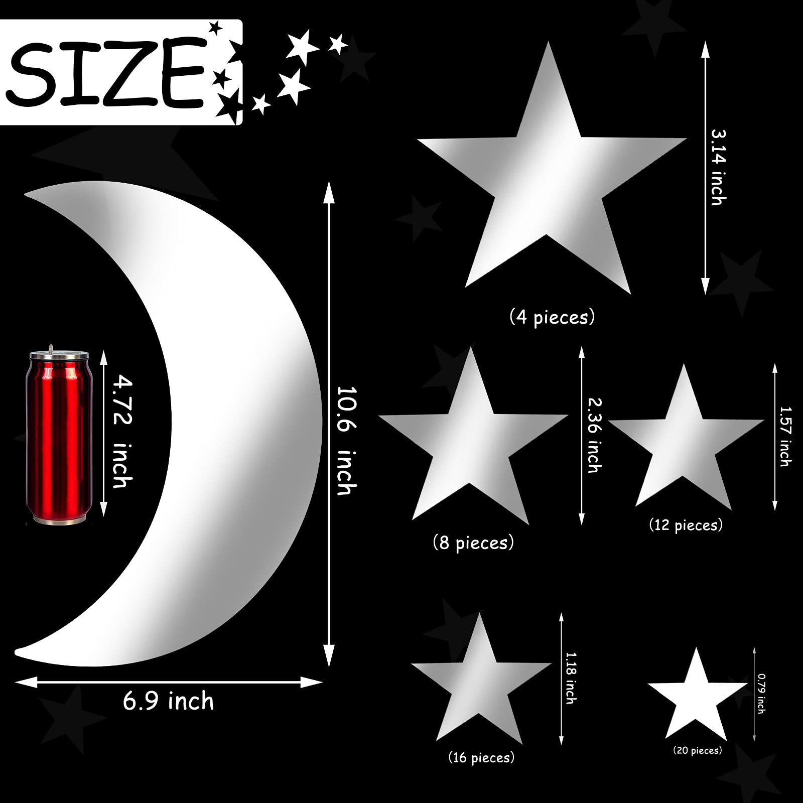 Zonon 61 Pieces Acrylic Star Mirror Wall Stickers Moon Stars Wall Decal Silver Mirror Sticker Decors Removable Star Mirror Stickers for Kids Boy Girls Baby Room Good Night House Nursery Home Bedroom