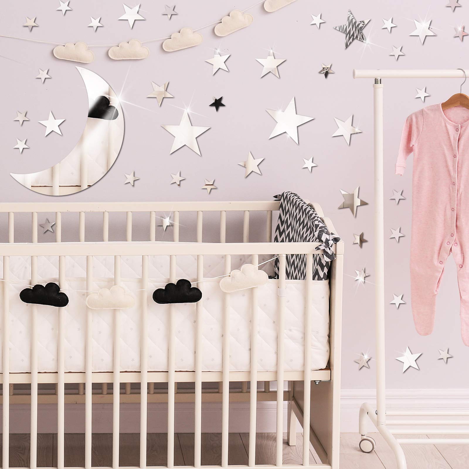 Zonon 61 Pieces Acrylic Star Mirror Wall Stickers Moon Stars Wall Decal Silver Mirror Sticker Decors Removable Star Mirror Stickers for Kids Boy Girls Baby Room Good Night House Nursery Home Bedroom