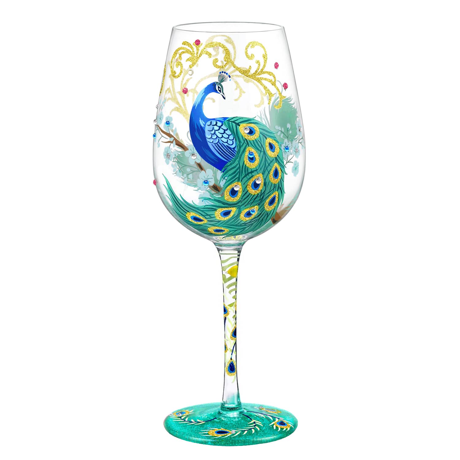 NymphFable Hand-painted Wine Glass Coloured Peacock Artisan Painted 15oz Personalised Gift for Best Friend