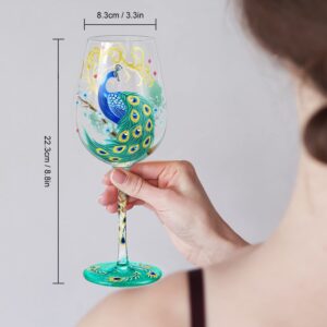 NymphFable Hand-painted Wine Glass Coloured Peacock Artisan Painted 15oz Personalised Gift for Best Friend