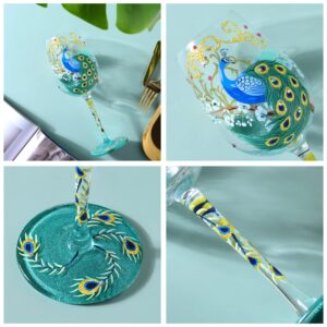 NymphFable Hand-painted Wine Glass Coloured Peacock Artisan Painted 15oz Personalised Gift for Best Friend