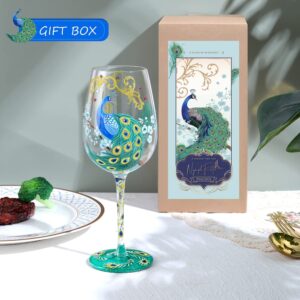 NymphFable Hand-painted Wine Glass Coloured Peacock Artisan Painted 15oz Personalised Gift for Best Friend