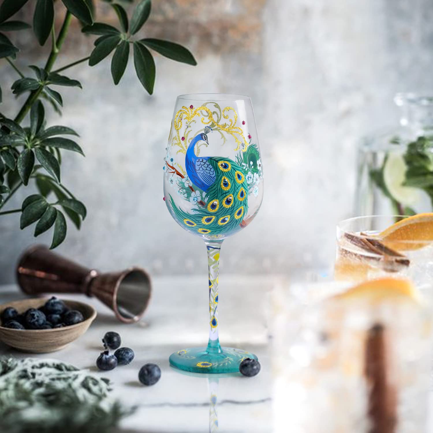 NymphFable Hand-painted Wine Glass Coloured Peacock Artisan Painted 15oz Personalised Gift for Best Friend