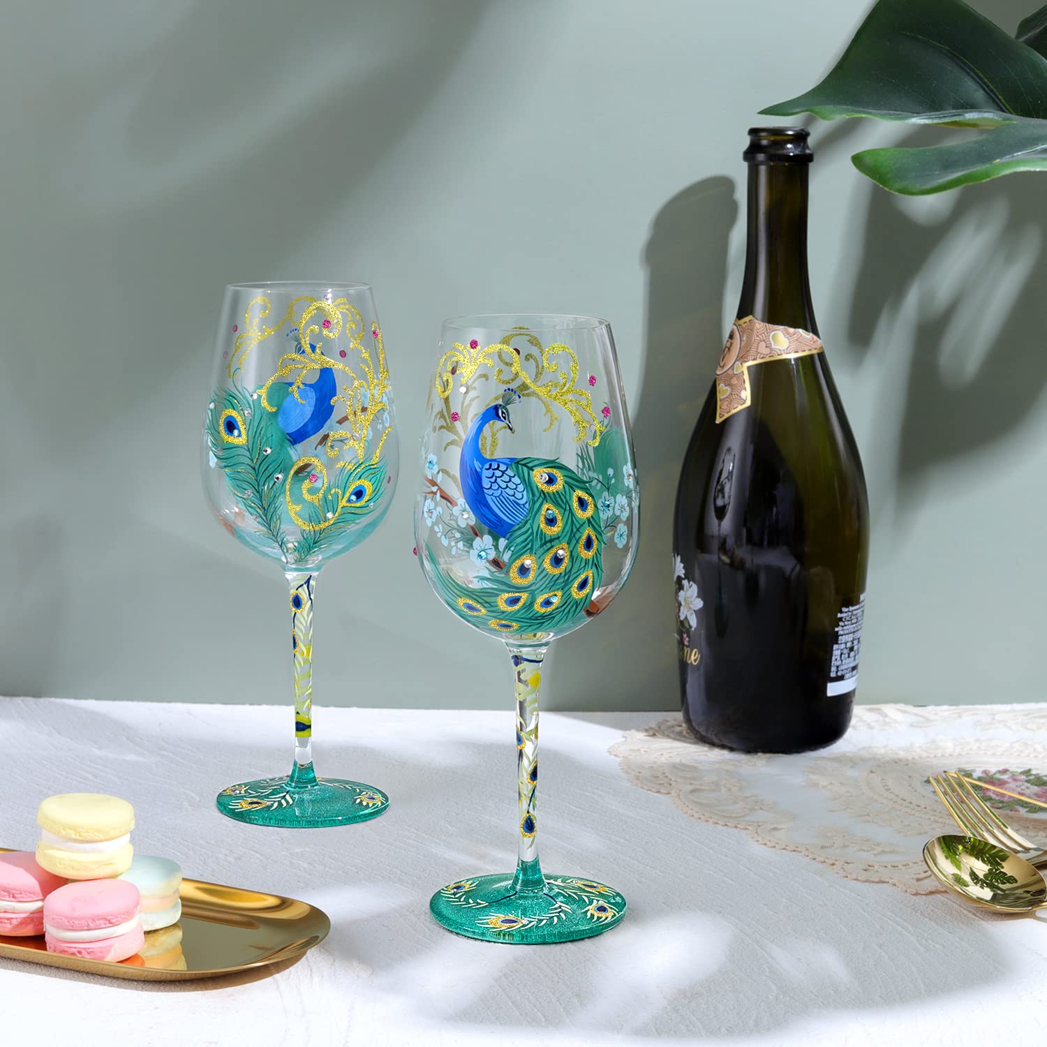 NymphFable Hand-painted Wine Glass Coloured Peacock Artisan Painted 15oz Personalised Gift for Best Friend