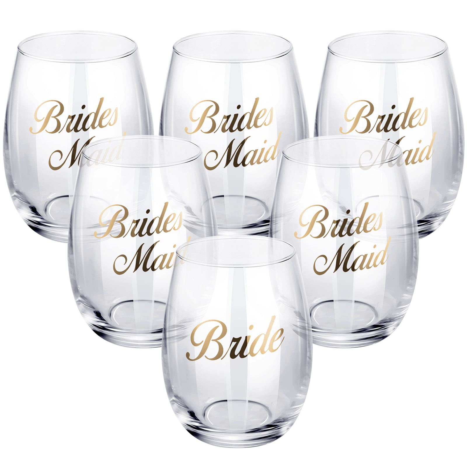 Nuogo 6 Pieces Bridesmaid Wine Glass Bridesmaid and Bride Durable Stemless Wine Glasses Gold Engagement Wedding Wine Glass for Bridesmaids Bachelorette Party Supplies