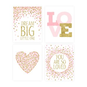 pink & gold positve affirmation 8x10 wall art set of 4 love nursery toddler girls room decorations dream big (not real glitter)