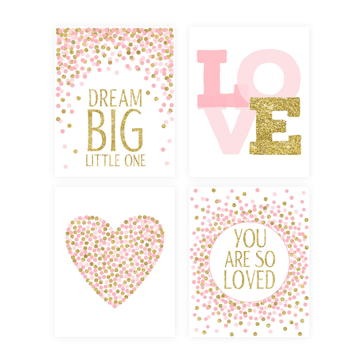 Pink & Gold Positve Affirmation 8x10 Wall Art Set of 4 Love Nursery Toddler Girls Room Decorations Dream Big (NOT Real Glitter)