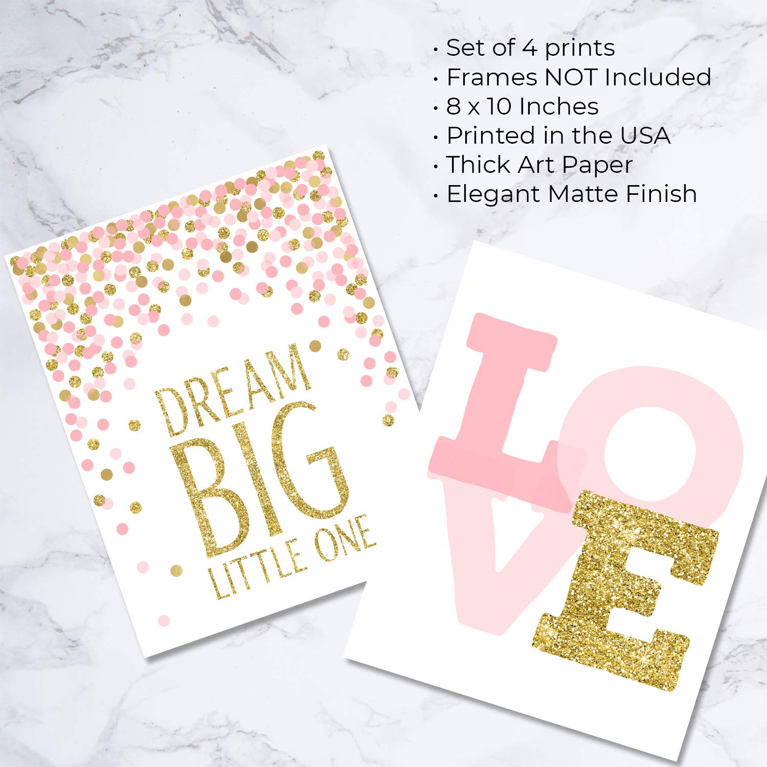 Pink & Gold Positve Affirmation 8x10 Wall Art Set of 4 Love Nursery Toddler Girls Room Decorations Dream Big (NOT Real Glitter)