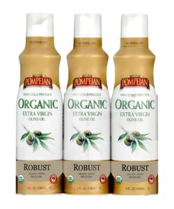 pompeian usda organic extra virgin olive oil non-stick cooking spray, full-bodied, perfect for salads & pasta, naturally gluten free, non-allergenic, non-gmo, no propellant, 5 fl. oz., 3-pack