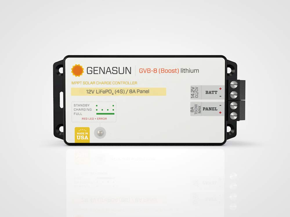 Genasun GVB-8-Li-14.2V, Voltage Boosting MPPT Solar Charge Controller for 4S LiFePO4 Batteries. Recommended for Panel up to 105 W and Vmp 13 V (9V-Nominal)