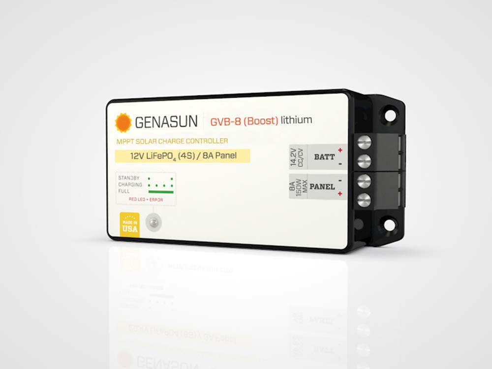 Genasun GVB-8-Li-14.2V, Voltage Boosting MPPT Solar Charge Controller for 4S LiFePO4 Batteries. Recommended for Panel up to 105 W and Vmp 13 V (9V-Nominal)