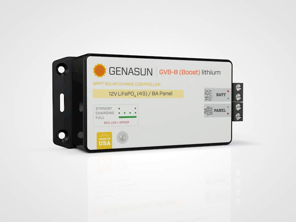 Genasun GVB-8-Li-14.2V, Voltage Boosting MPPT Solar Charge Controller for 4S LiFePO4 Batteries. Recommended for Panel up to 105 W and Vmp 13 V (9V-Nominal)