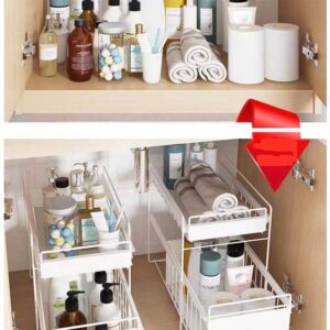 KirinRen Stackable 2-Tie Under Sink Cabinets Organizer With Sliding Storage Drawer, Pull Out Cabinets Organizer Shelf, Sliding Basket Organizer Drawer For Kitchen, Bathroom, Office (white)