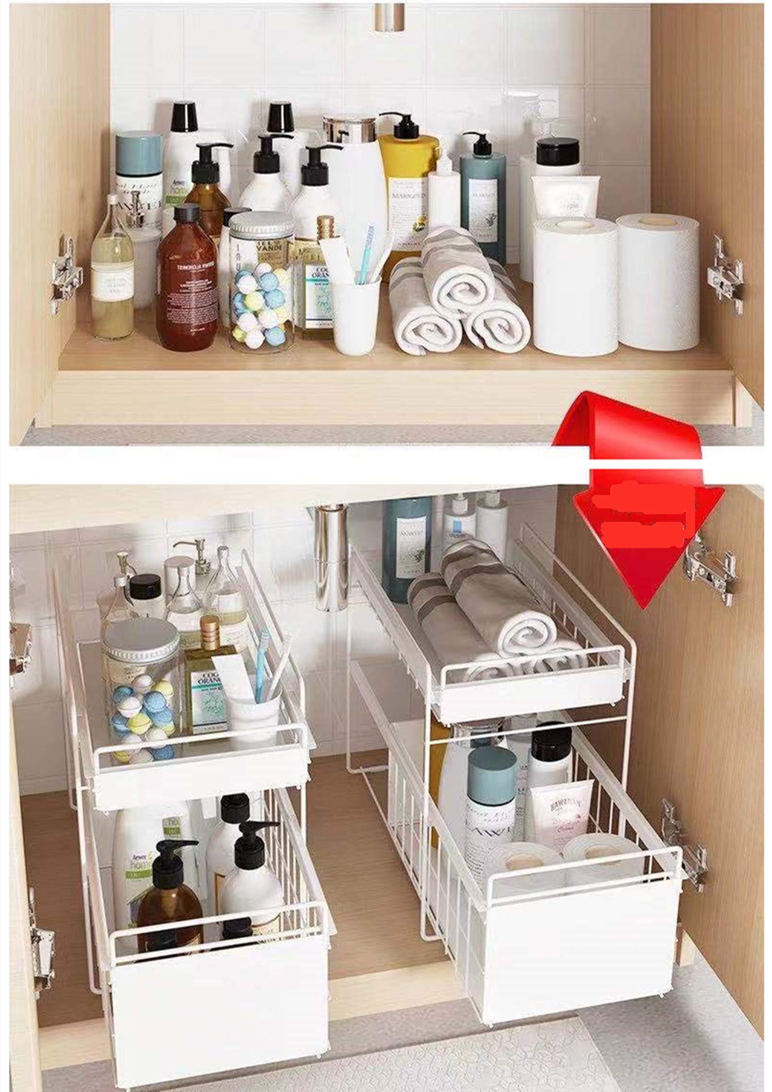 KirinRen Stackable 2-Tie Under Sink Cabinets Organizer With Sliding Storage Drawer, Pull Out Cabinets Organizer Shelf, Sliding Basket Organizer Drawer For Kitchen, Bathroom, Office (white)