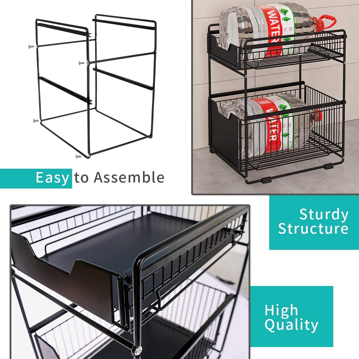 KirinRen Stackable 2-Tie Under Sink Cabinets Organizer With Sliding Storage Drawer, Pull Out Cabinets Organizer Shelf, Sliding Basket Organizer Drawer For Kitchen, Bathroom, Office (white)