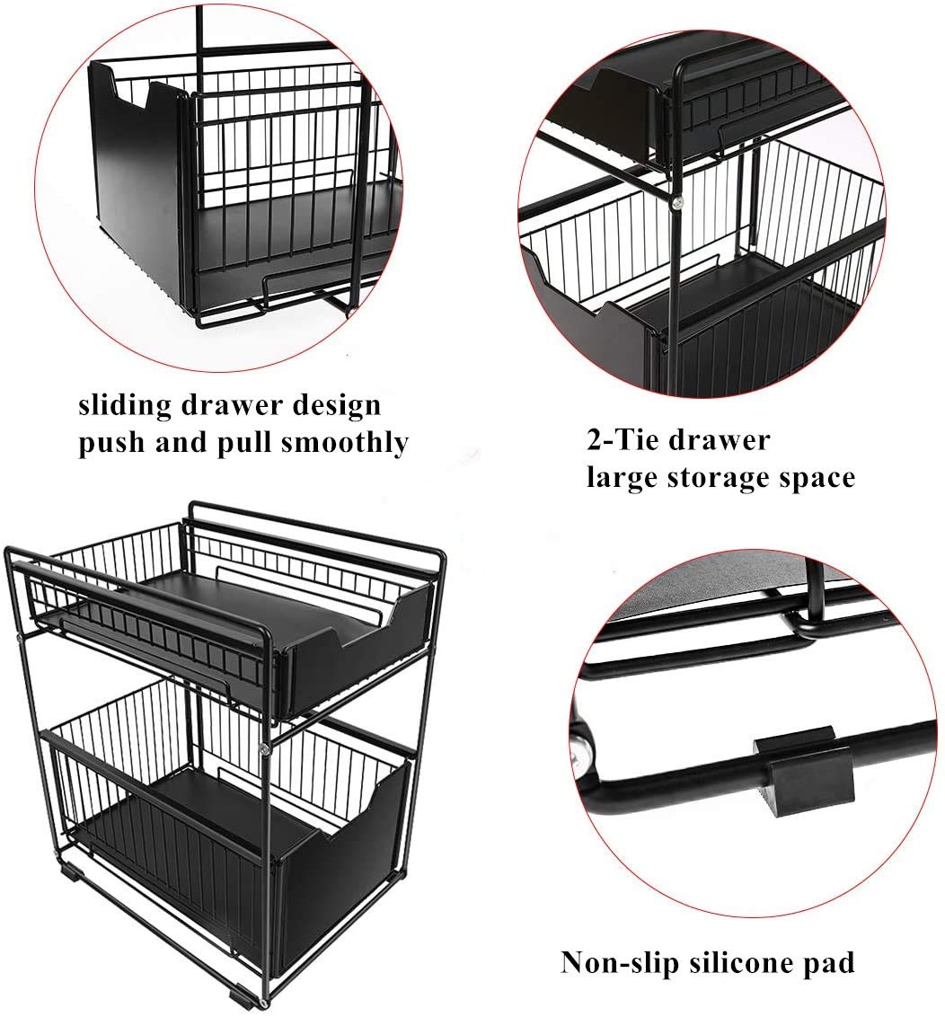 KirinRen Stackable 2-Tie Under Sink Cabinets Organizer With Sliding Storage Drawer, Pull Out Cabinets Organizer Shelf, Sliding Basket Organizer Drawer For Kitchen, Bathroom, Office (white)