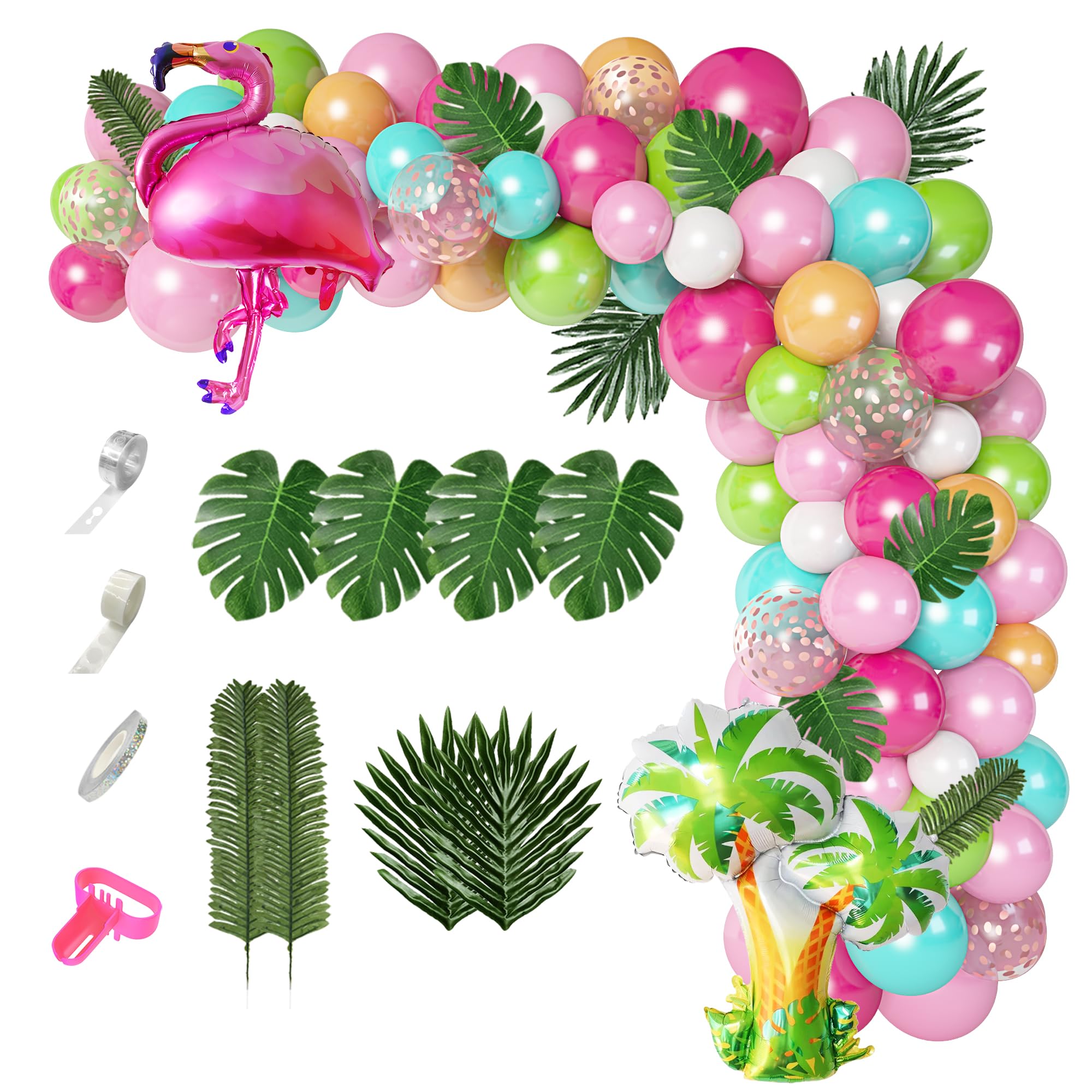 132Pcs Tropical Flamingo Balloons Garland Kit, 40'' Coconut Tree Foil Flamingo Balloons Green Pink Aqua Blue Confetti Balloons Palm Leaves Baby Shower Hawaiian Luau Birthday Party Decorations Supplies