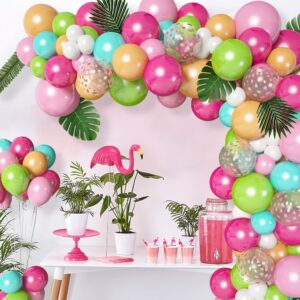 132Pcs Tropical Flamingo Balloons Garland Kit, 40'' Coconut Tree Foil Flamingo Balloons Green Pink Aqua Blue Confetti Balloons Palm Leaves Baby Shower Hawaiian Luau Birthday Party Decorations Supplies