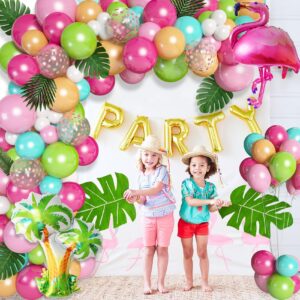 132Pcs Tropical Flamingo Balloons Garland Kit, 40'' Coconut Tree Foil Flamingo Balloons Green Pink Aqua Blue Confetti Balloons Palm Leaves Baby Shower Hawaiian Luau Birthday Party Decorations Supplies