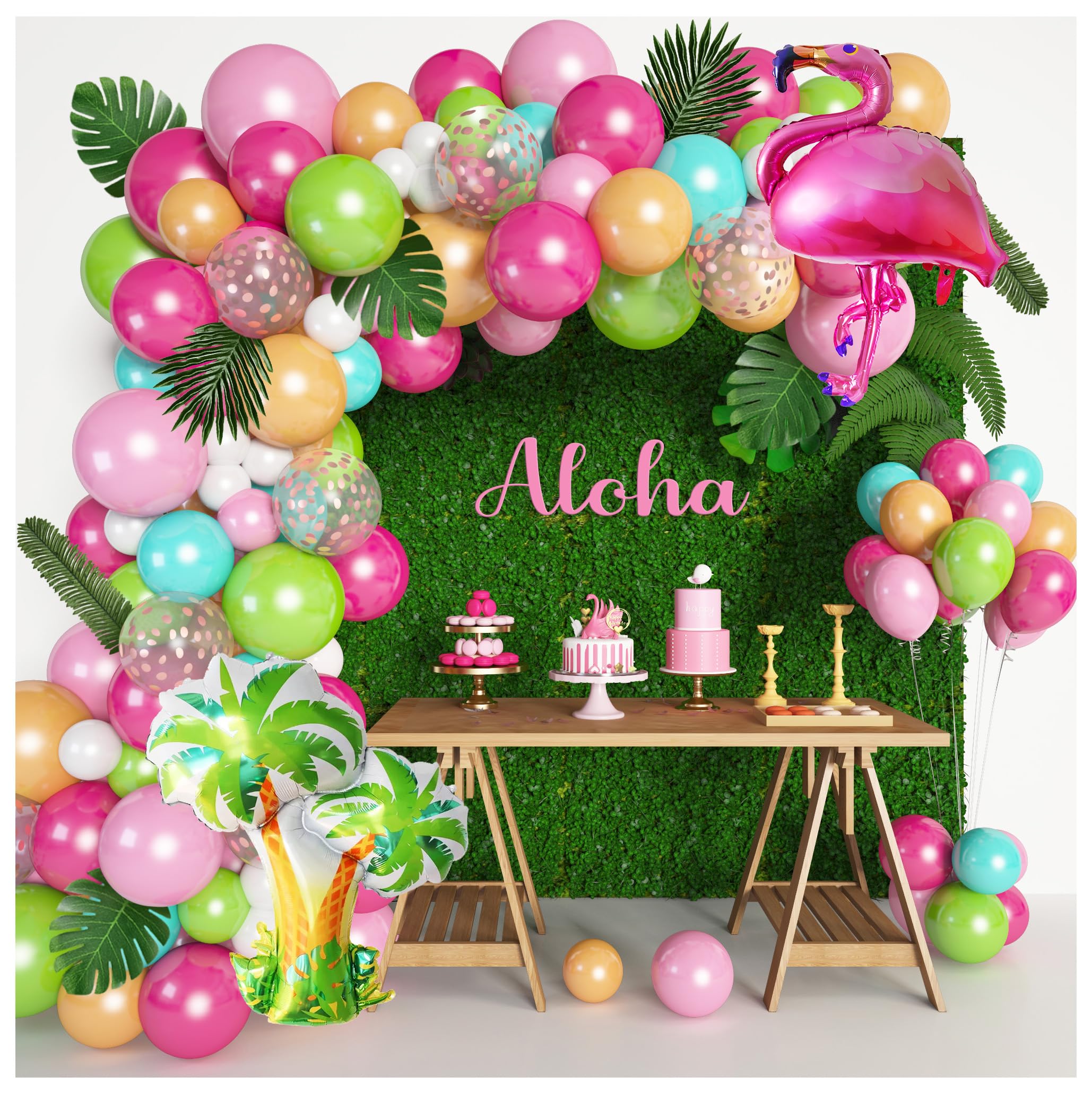 132Pcs Tropical Flamingo Balloons Garland Kit, 40'' Coconut Tree Foil Flamingo Balloons Green Pink Aqua Blue Confetti Balloons Palm Leaves Baby Shower Hawaiian Luau Birthday Party Decorations Supplies