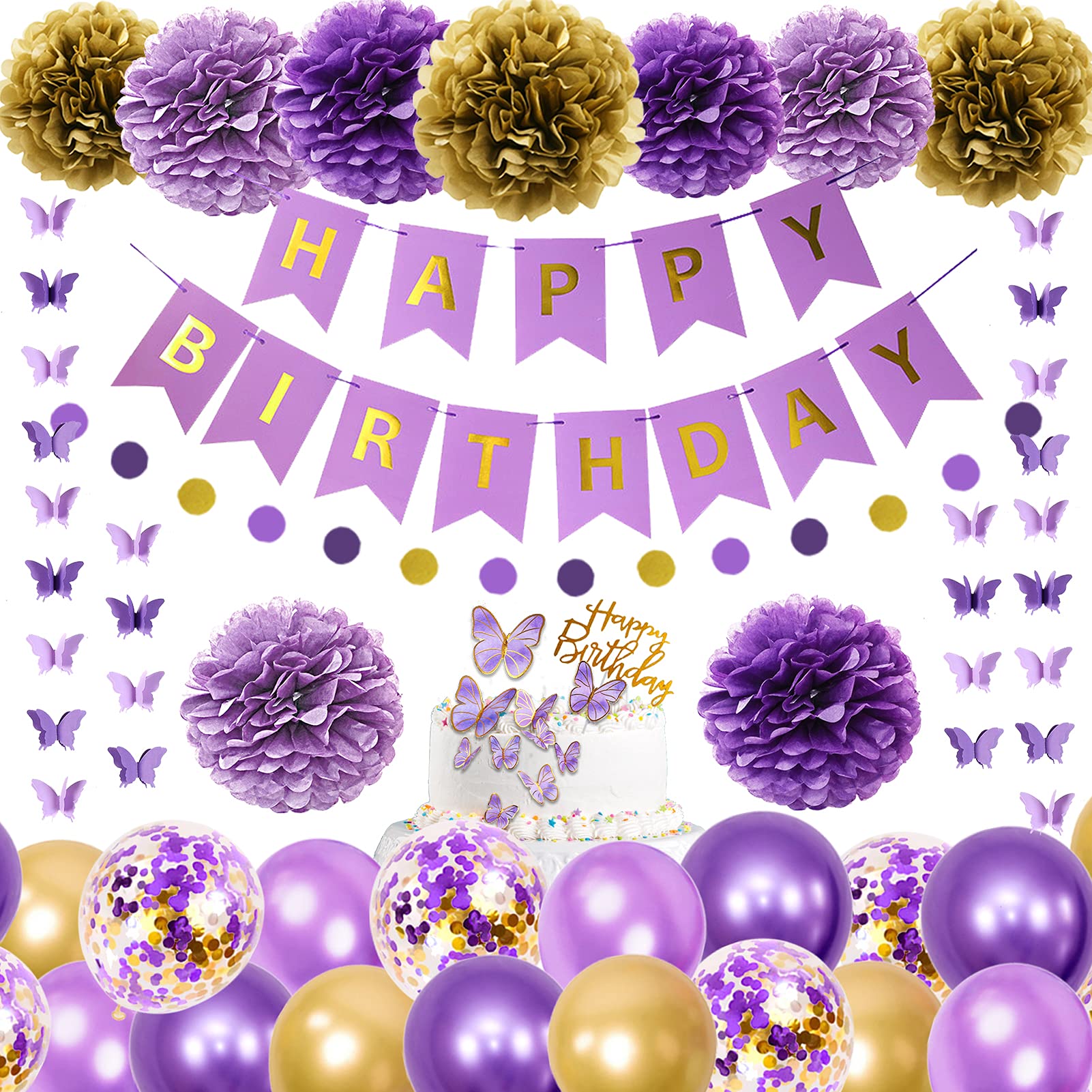 Ouddy Party Purple Birthday Decorations for Women Girls Butterfly Hanging Garland Happy Birthday and Circle Dots Banner Purple Gold Balloons Paper Flowers Cake Toppers for Birthday Party Supplies