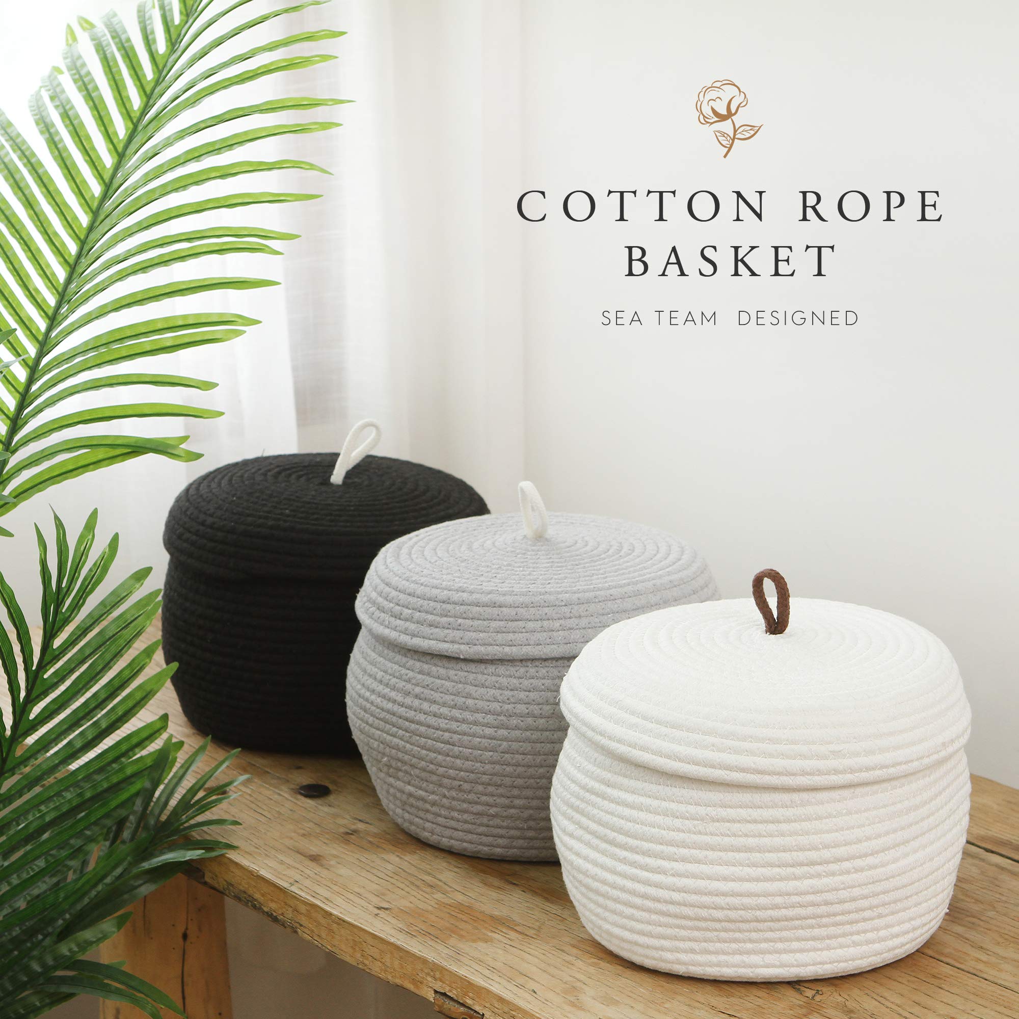 Sea Team Round Cotton Rope Storage Basket with Lid, Decorative Woven Storage Bin, Pot, Caddy, Organizer, Container for Snacks, Towels, Plants, 10 x 7.5 Inches (Small, Grey)