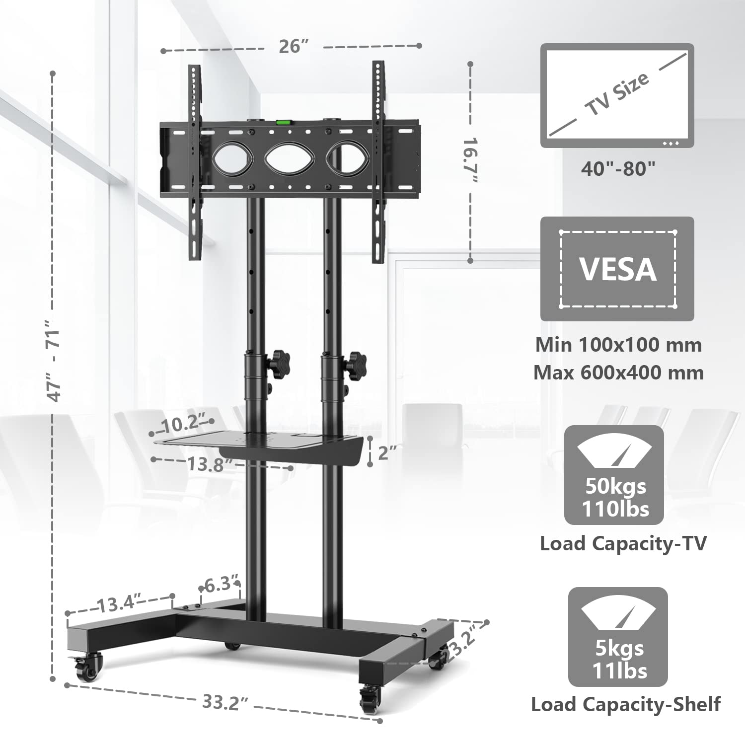 TVON Mobile TV Cart with Wheels for 40-80 Inch LCD LED OLED Flat Curved Screen TVs, Height Adjustable Rolling TV Stand Holds up to 110 lbs, Outdoor TV Stand Trolley Max VESA 600x400mm