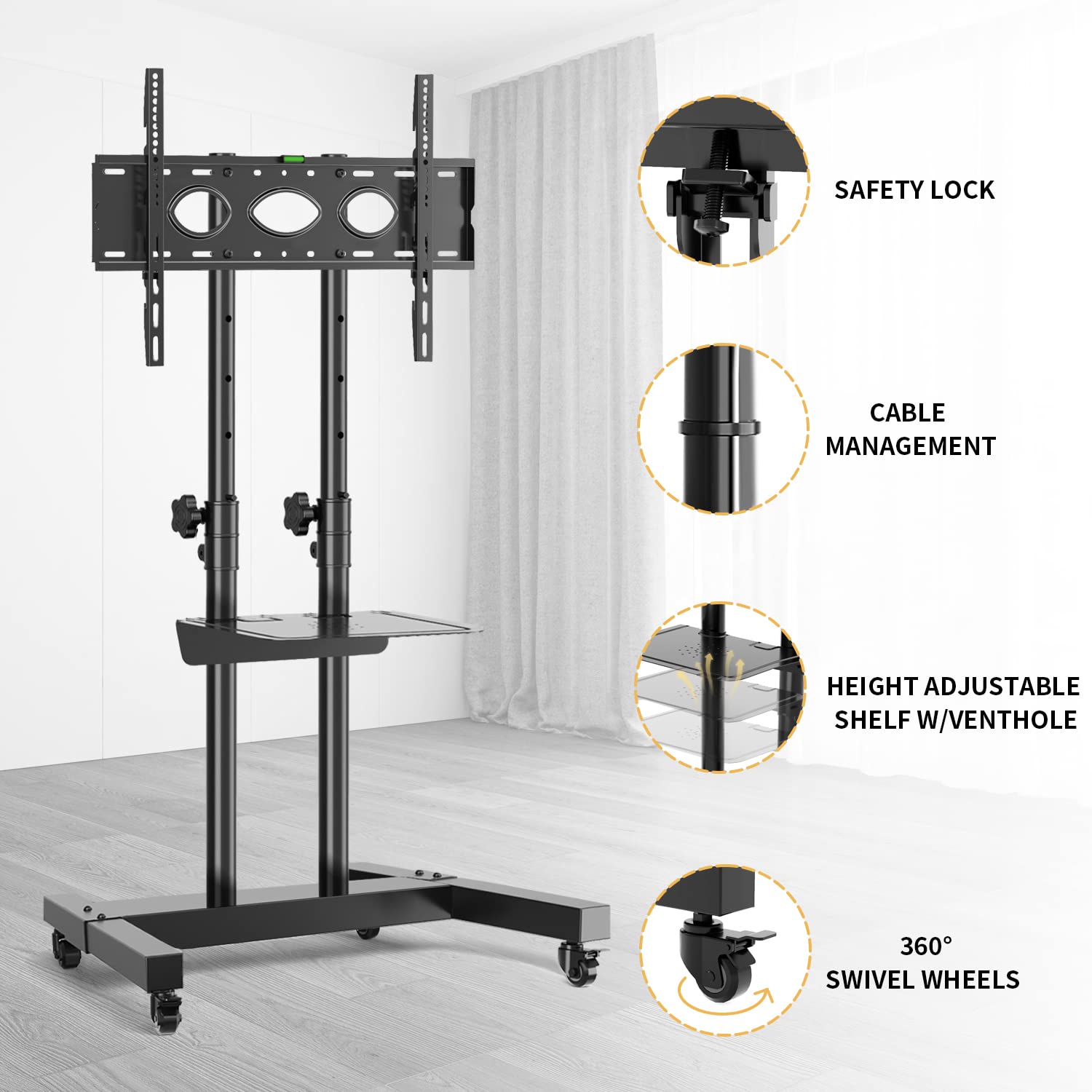 TVON Mobile TV Cart with Wheels for 40-80 Inch LCD LED OLED Flat Curved Screen TVs, Height Adjustable Rolling TV Stand Holds up to 110 lbs, Outdoor TV Stand Trolley Max VESA 600x400mm