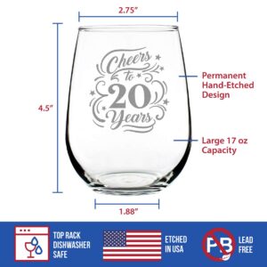 Cheers to 20 Years - Stemless Wine Glass Gifts for Women & Men - 20th Anniversary or Birthday Party Decor - Large 17 Ounce Glasses