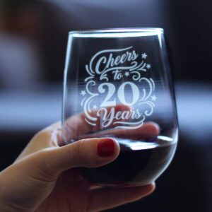 Cheers to 20 Years - Stemless Wine Glass Gifts for Women & Men - 20th Anniversary or Birthday Party Decor - Large 17 Ounce Glasses