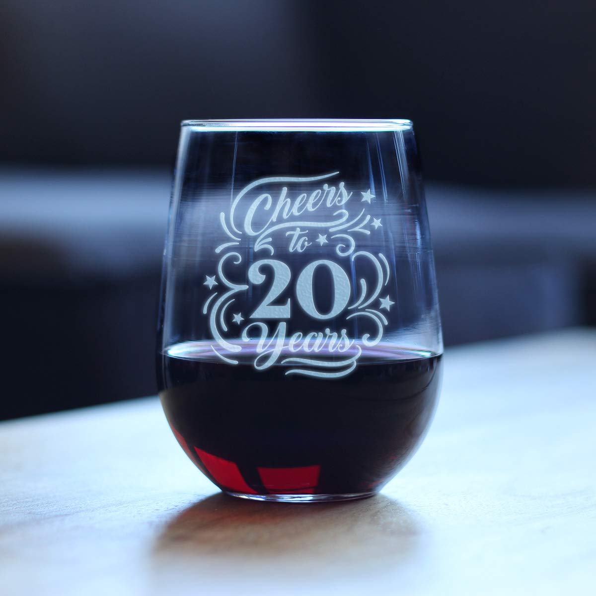 Cheers to 20 Years - Stemless Wine Glass Gifts for Women & Men - 20th Anniversary or Birthday Party Decor - Large 17 Ounce Glasses