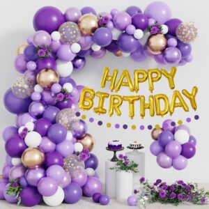 131Pcs Purple Gold Birthday Decorations Purple Balloons Garland Arch Kit Women Purple and Gold Confetti Latex Balloons Happy Birthday Foil Balloons Banner Circle Dots Garland Birthday Party Supplies